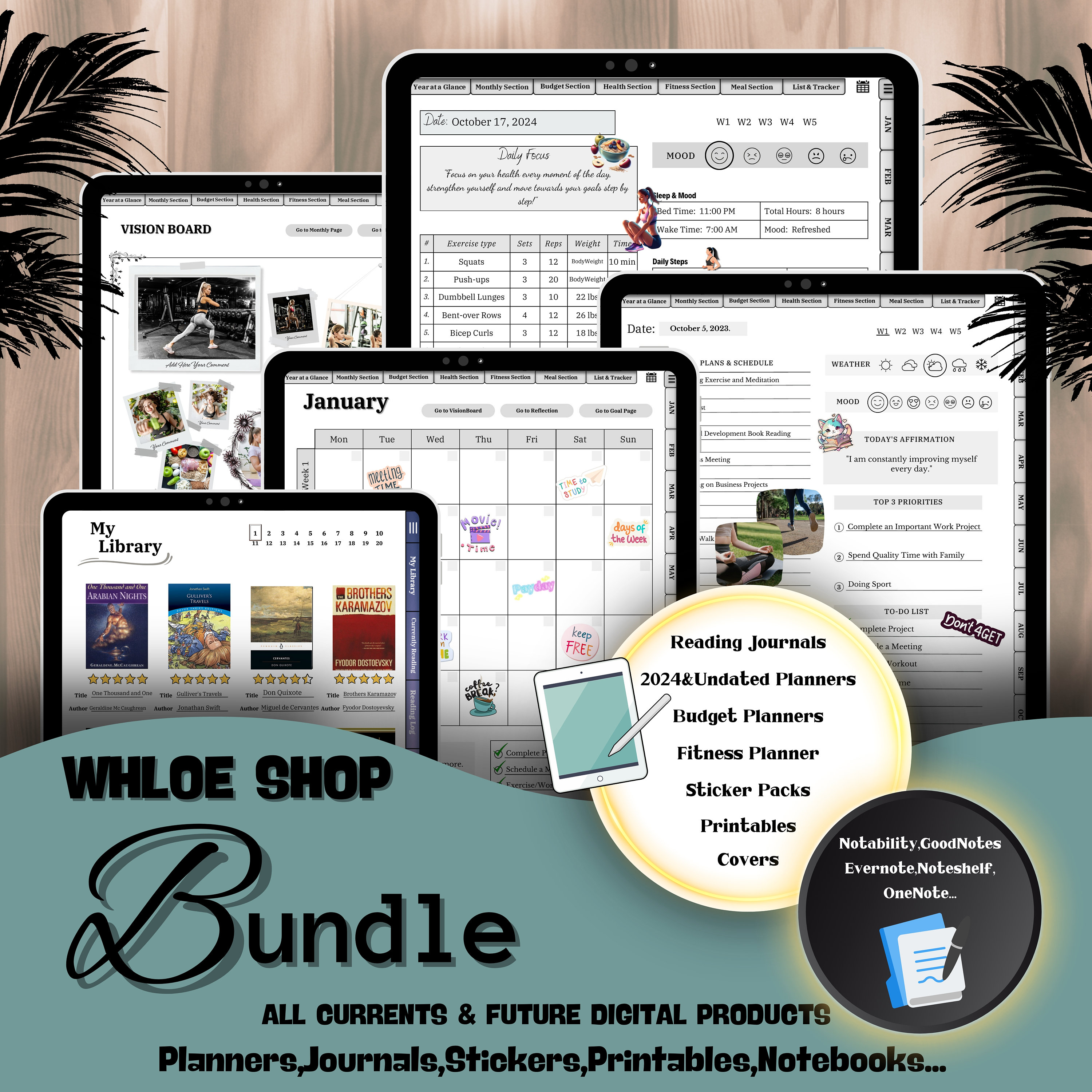 Whole Shop Bundle,2024 Digital Planner,undated Planner,digital Reading ...