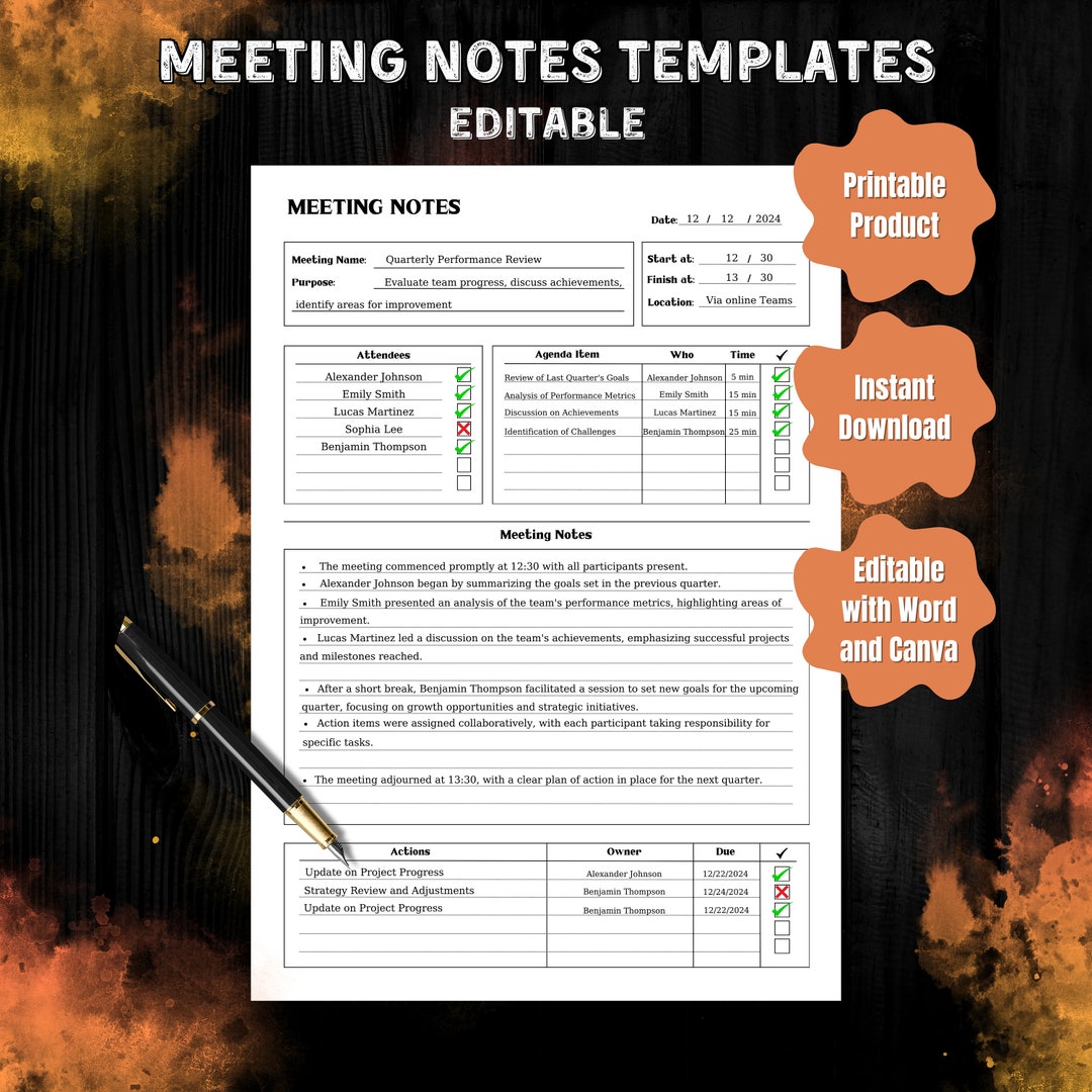 Meeting Notes Template: Editable Business Project Record (PDF) - Etsy