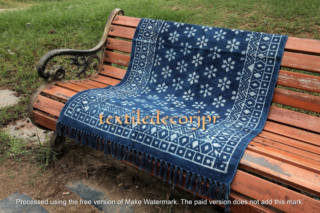 African Mudcloth Floor Area Rug, Blue Indigo Hand Block Printed Cotton ...