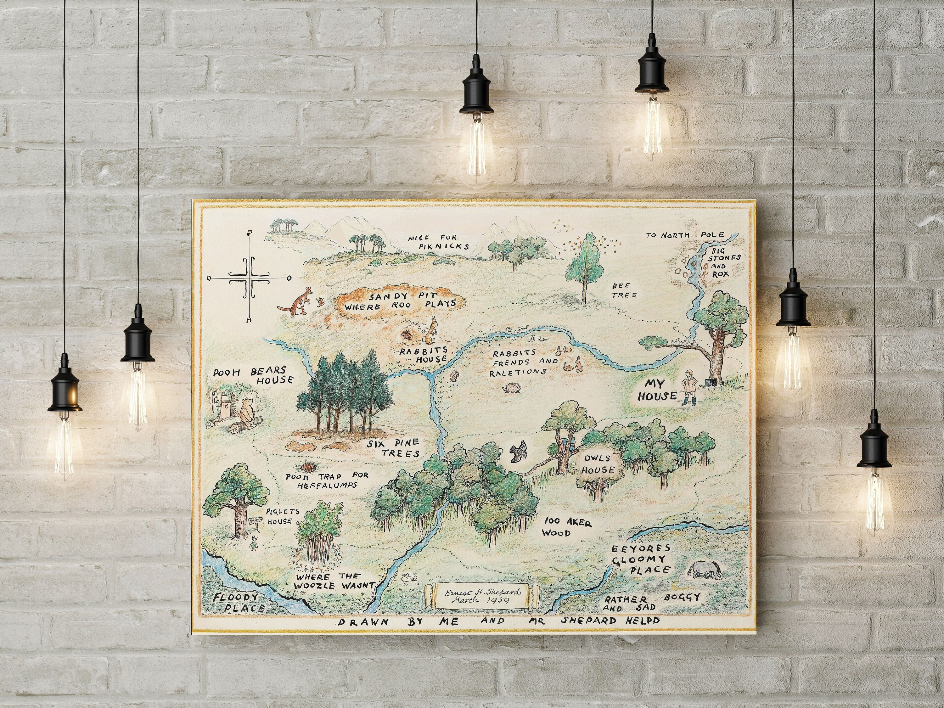 Winnie the Pooh Canvas Hanging Map 100 Acre Wood Map Kids Room Wall ...