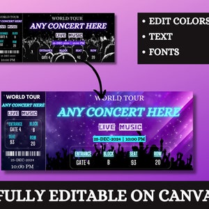 Editable Concert Ticket Canva Template, Printable Event Ticket, Concert ...