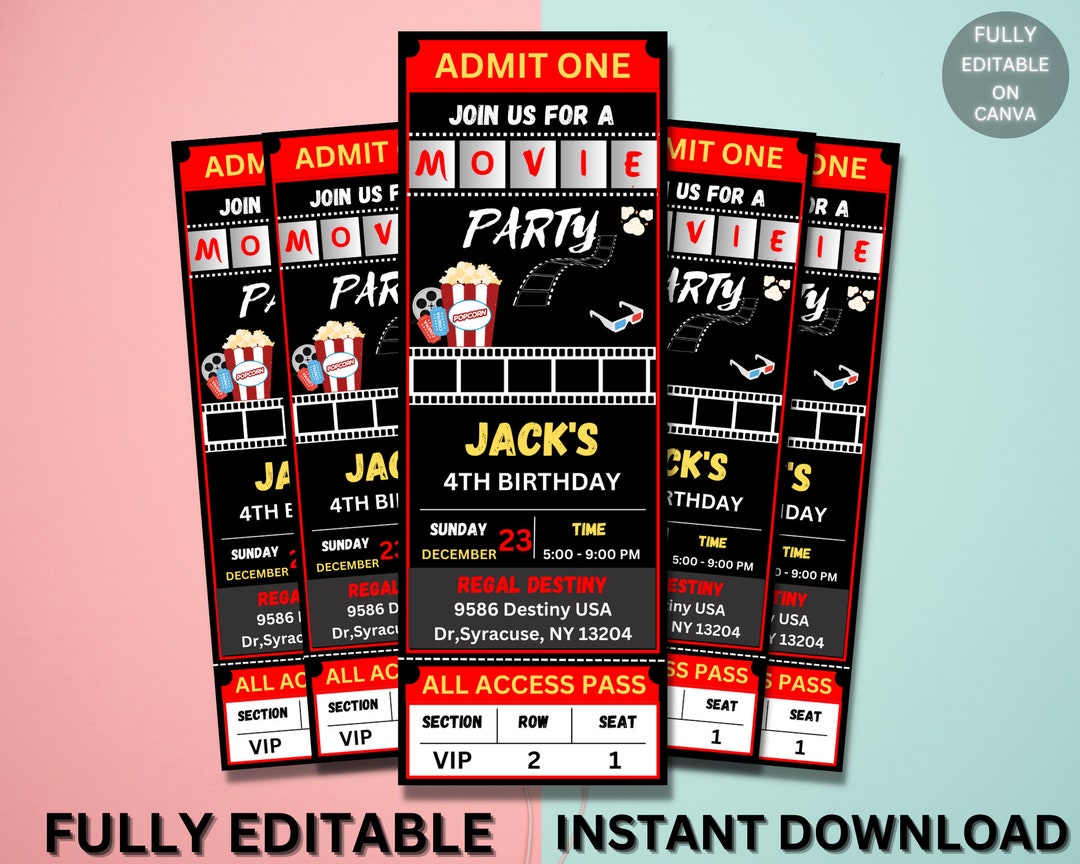 Editable Movie Ticket Birthday Invitation, Movie Party Ticket, Movie ...