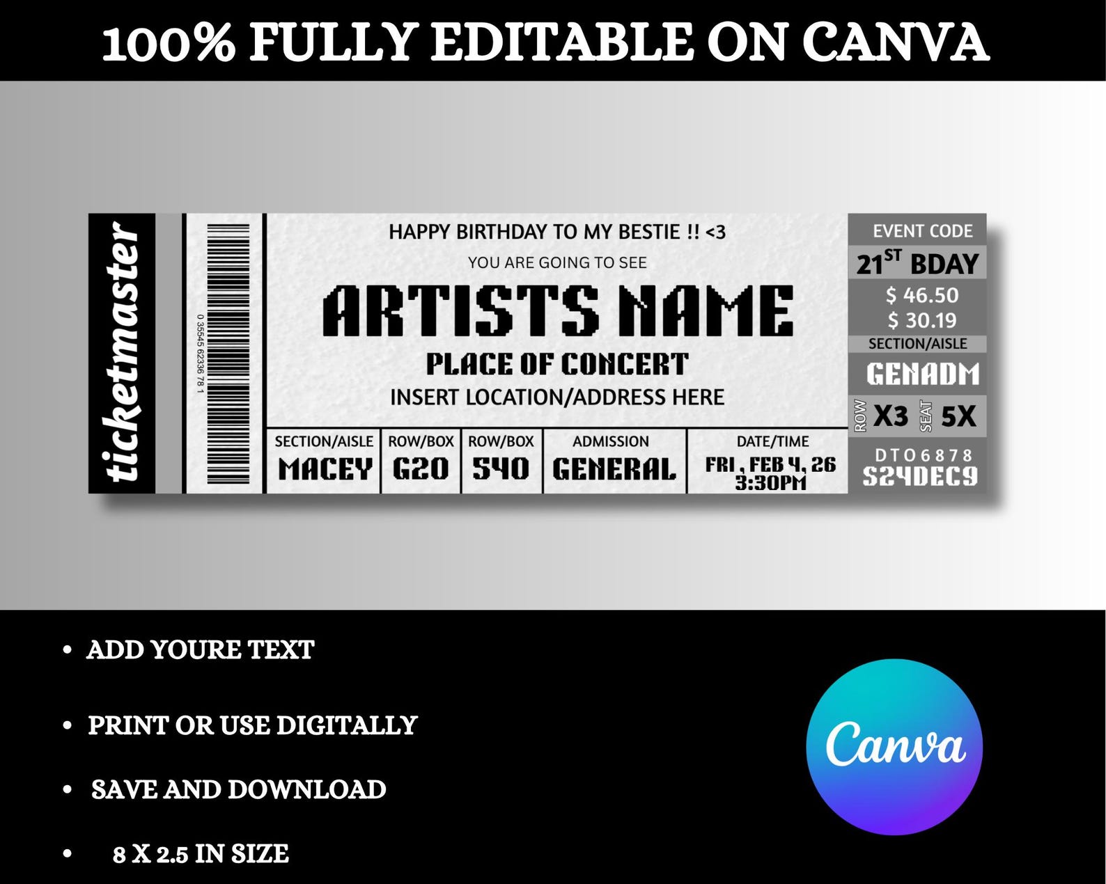 Ticketmaster Ticket | Concert Ticket Template | Surprise Concert ...
