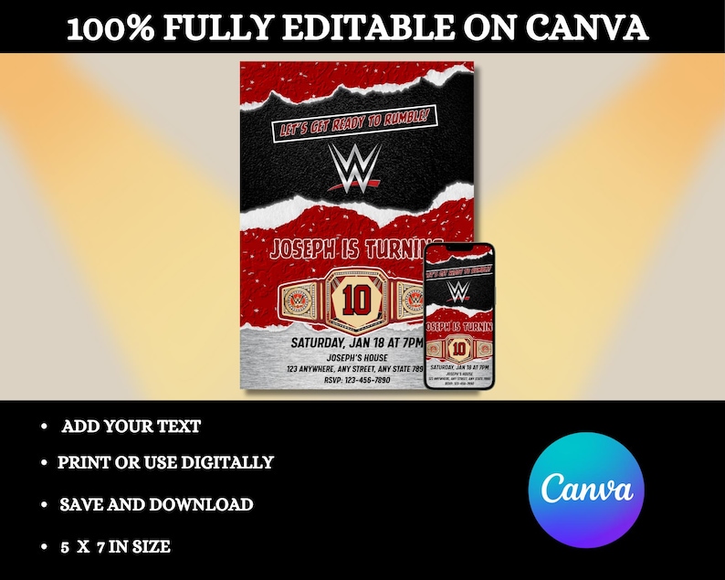 Editable Wrestling Birthday Invitation, Championship Belt Party Invite ...