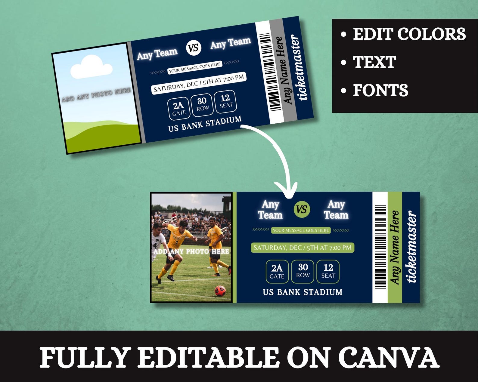 Editable Football Ticket, Soccer Tickets, Surprise Gift, Editable ...