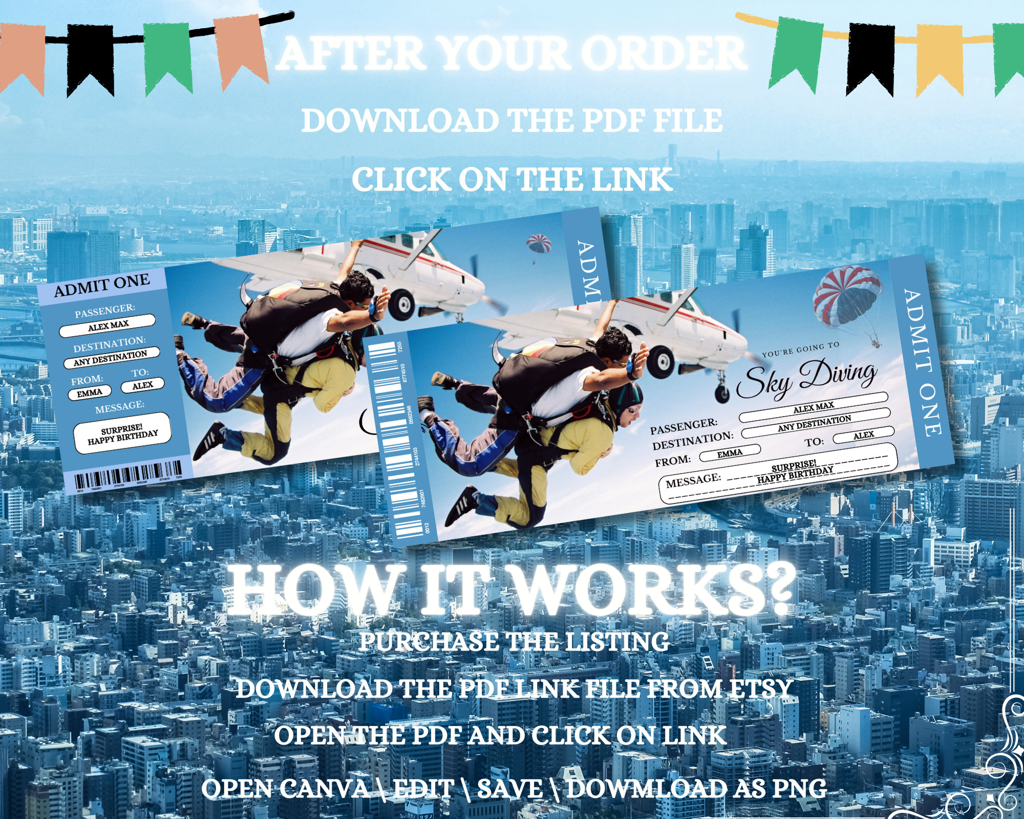 Editable SKYDIVING Surprise Reveal Ticket, Gift Voucher, Editable Event ...