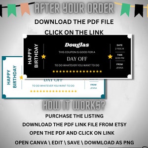 Birthday Day off Coupon Gift Certificate INSTANT DOWNLOAD EDITABLE Text ...