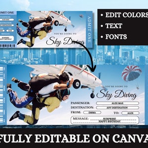 Editable SKYDIVING Surprise Reveal Ticket, Gift Voucher, Editable Event ...