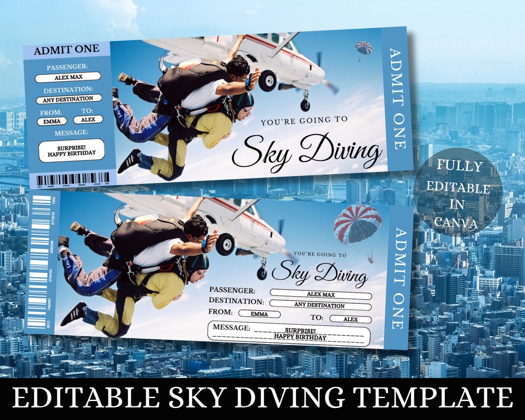 Editable SKYDIVING Surprise Reveal Ticket, Gift Voucher, Editable Event ...