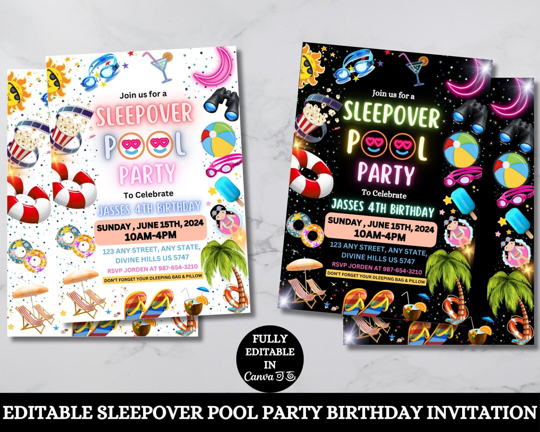 Editable Sleepover Pool Birthday Invite Slumber Party Birthday ...