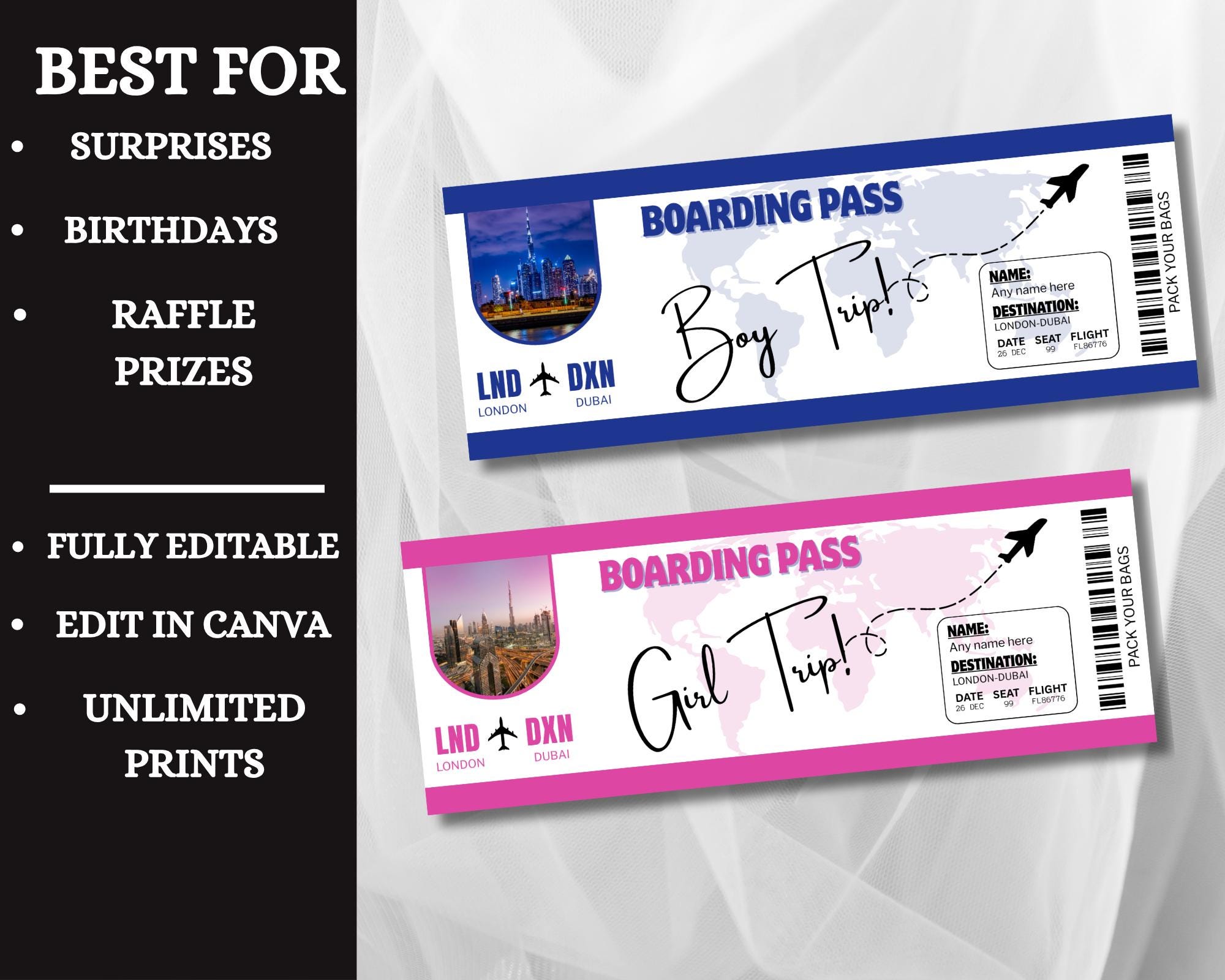 Editable Boarding Pass Template, Printable Personalized Airline Ticket ...