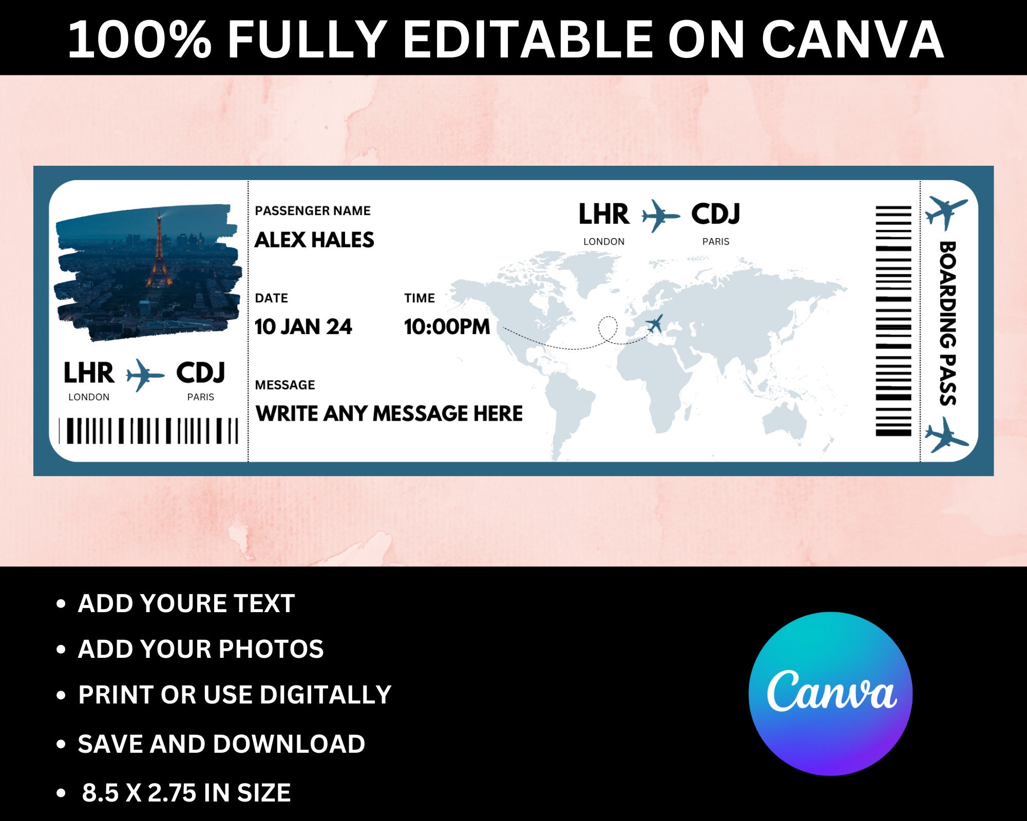Editable Boarding Pass Template, Printable Airline Ticket, Canva ...