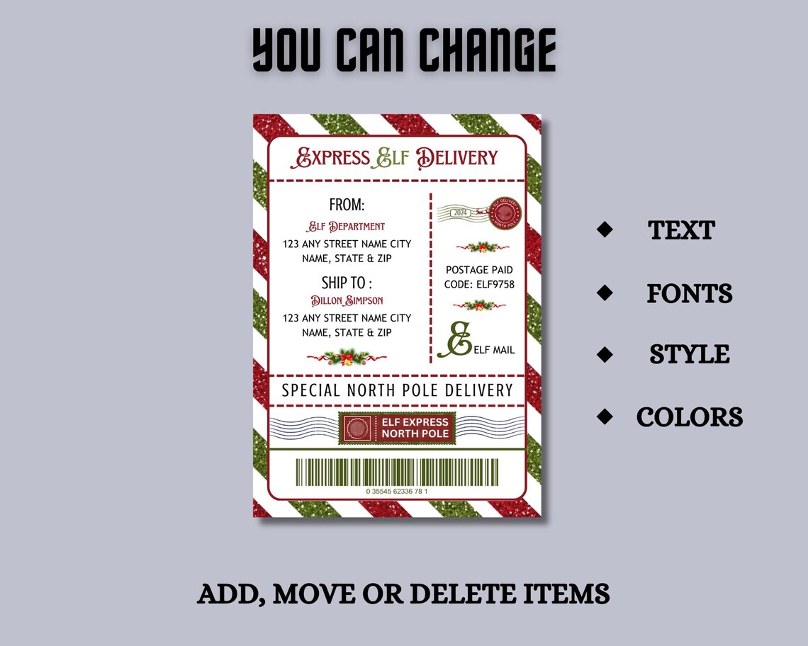 EDITABLE Custom Elf Shipping Postage Label Template | Personalized Elf ...