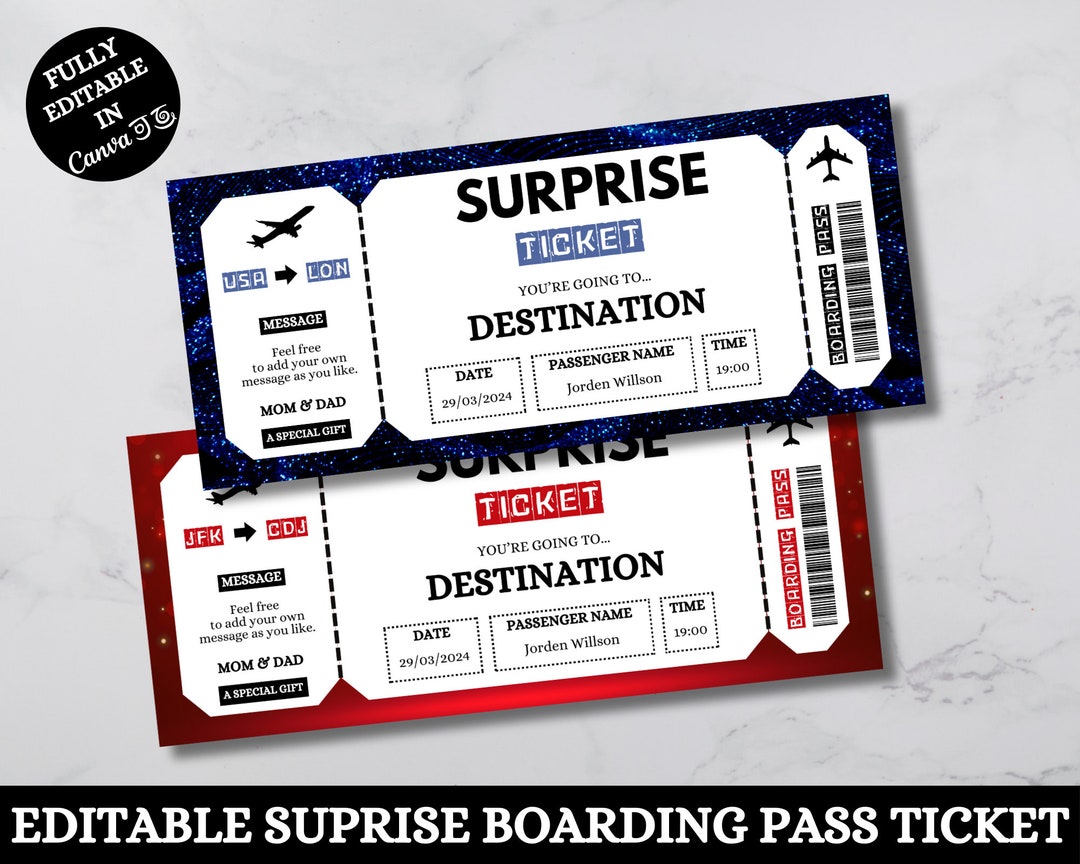 Editable Surprise Trip Ticket, Surprise Boarding Coupon Pass, Event ...