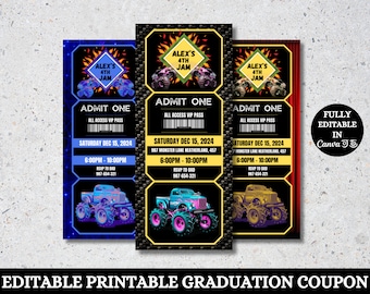 EDITABLE Monster Truck Ticket Birthday Invitation,trucks Birthday ...