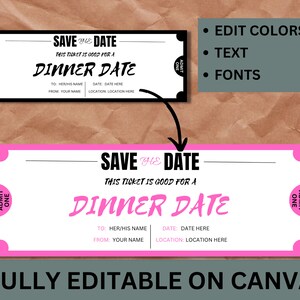 Dinner Date Gift Voucher EDITABLE, Dinner Reservation Ticket, Dinner ...