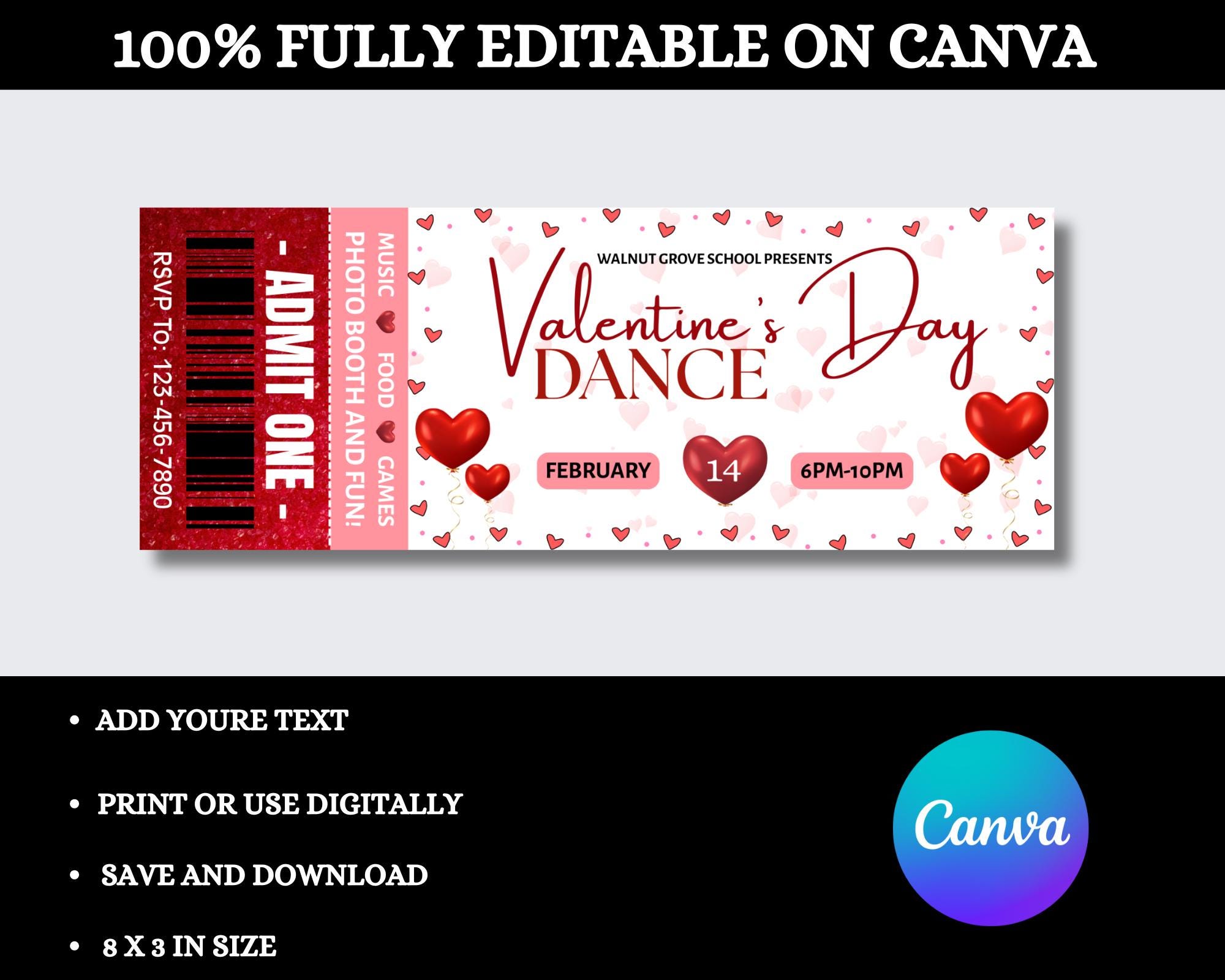 Editable Valentine's Day Dance Ticket Template, Valentines School Dance ...
