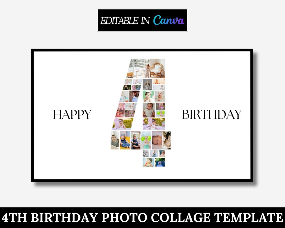4th Birthday Photo Collage Template, 4th Birthday Photo Milestone Sign ...