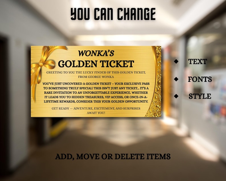 Printable Wonka's Golden Ticket Template, Editable Ticket, Event Ticket ...
