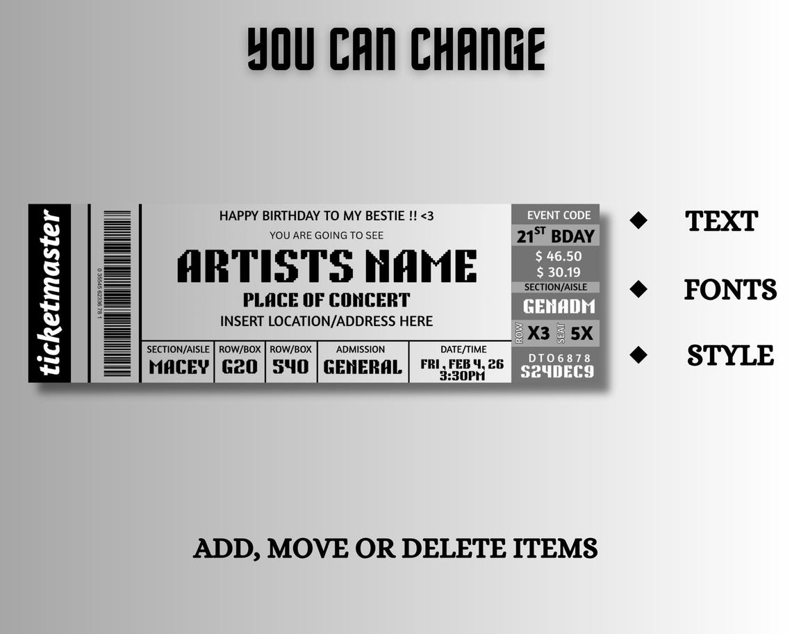 Ticketmaster Ticket | Concert Ticket Template | Surprise Concert ...