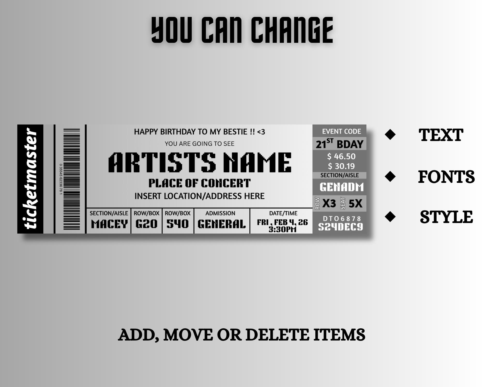 Ticketmaster Ticket | Concert Ticket Template | Surprise Concert ...