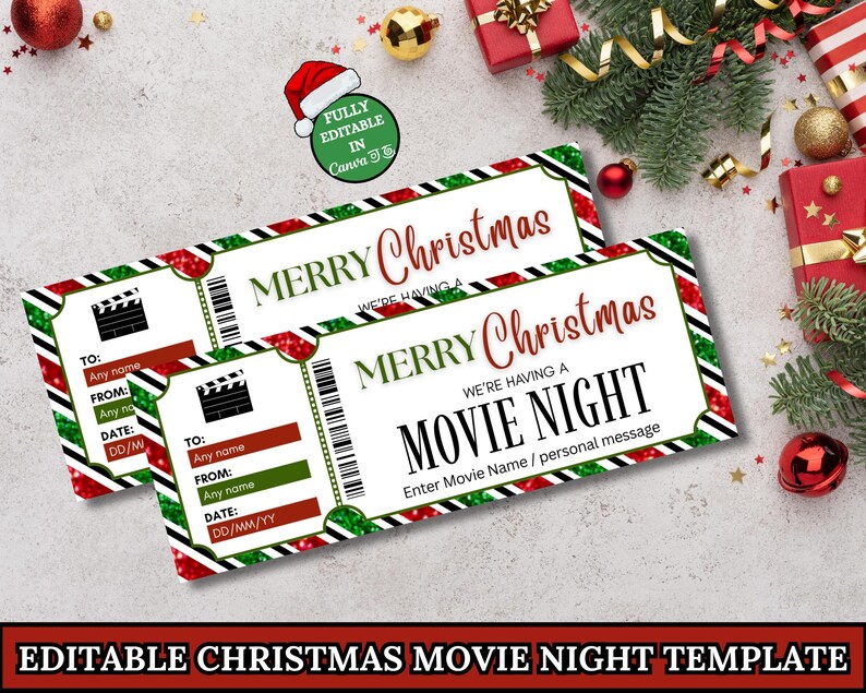 Christmas Movie Night Ticket Invitation, Editable Holiday Party ...