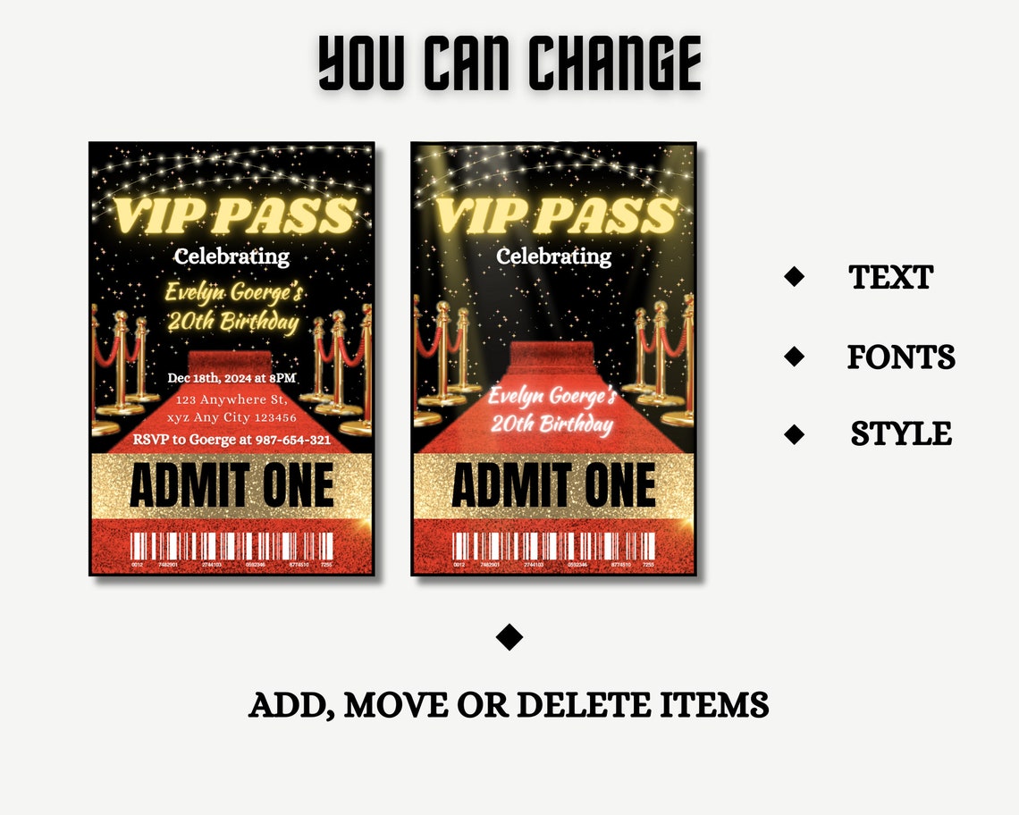 Editable VIP Pass Party Template, Printable Red Carpet VIP Pass ...