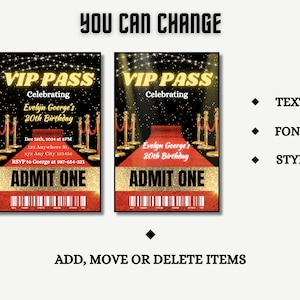 Editable VIP Pass Party Template, Printable Red Carpet VIP Pass Invitation Badges, Hollywood VIP ...