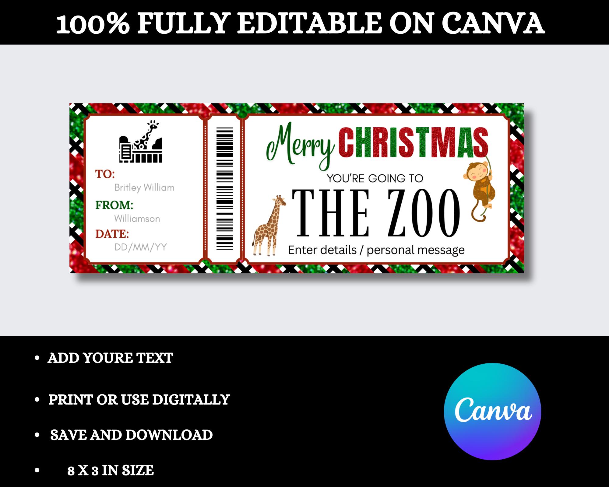 Christmas Zoo Ticket Surprise Gift Voucher, Editable Surprise Zoo Trip ...