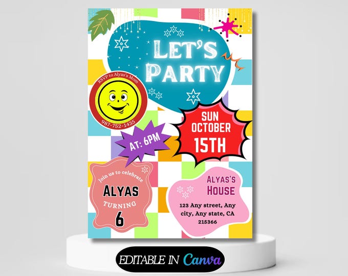 Editable Checkered Smile Face Birthday Invite, Groovy Retro Birthday ...
