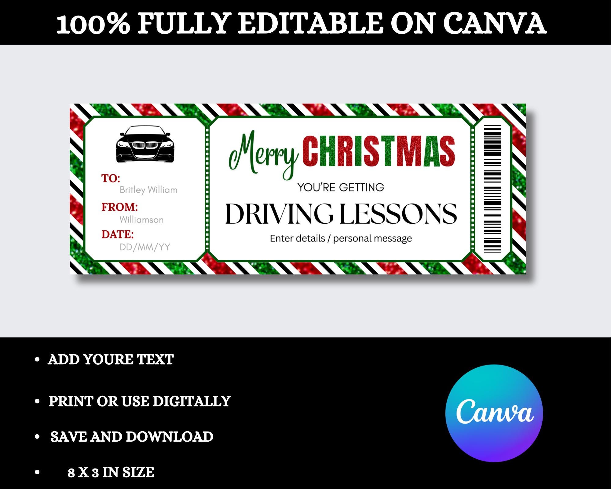 Christmas Driving Lessons Certificate Coupon - INSTANT DOWNLOAD ...