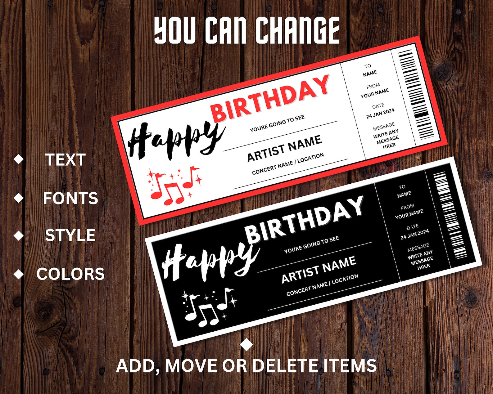 Birthday Gift Concert Ticket Template Printable Gift Voucher Certificate Ticket Coupon Surprise ...
