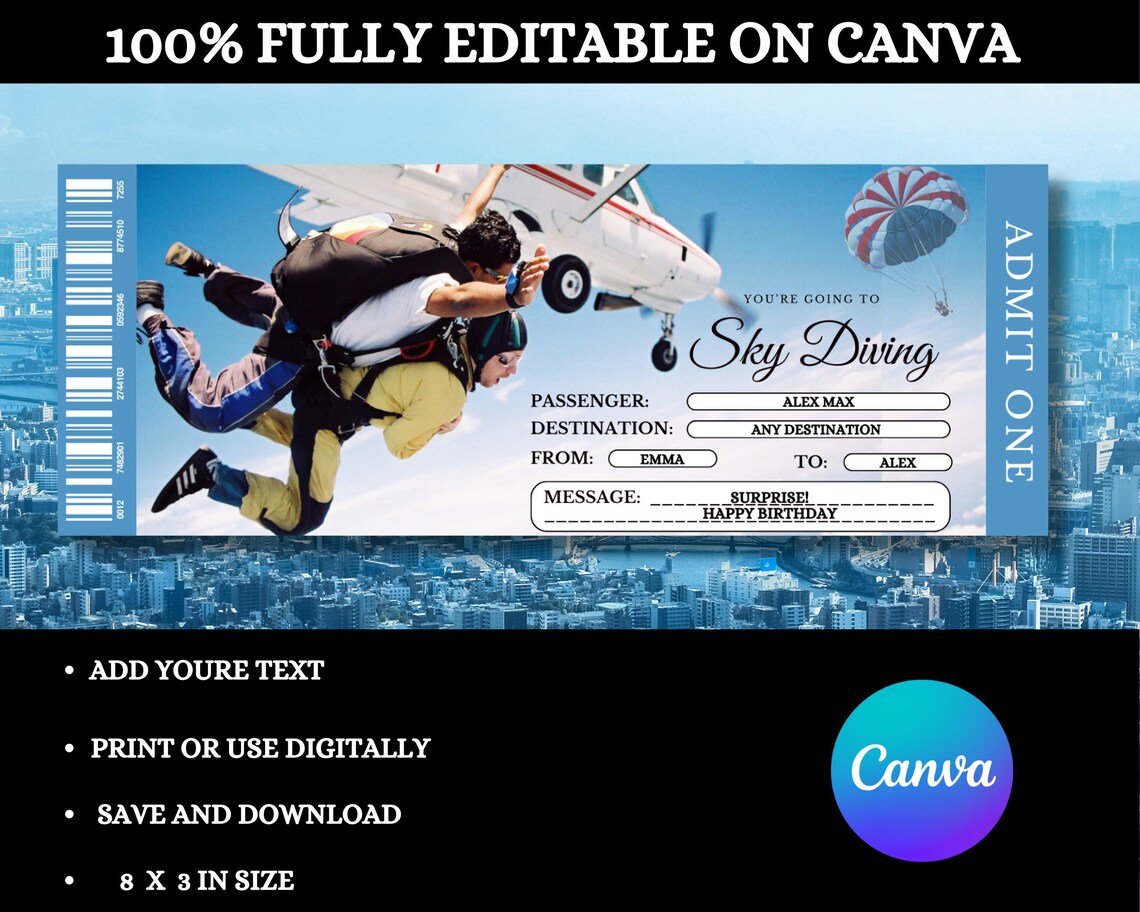 Editable SKYDIVING Surprise Reveal Ticket, Gift Voucher, Editable Event ...