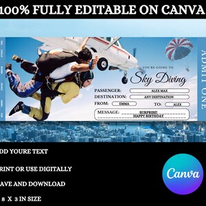 Editable SKYDIVING Surprise Reveal Ticket, Gift Voucher, Editable Event ...