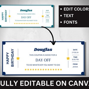 Birthday Day off Coupon Gift Certificate INSTANT DOWNLOAD EDITABLE Text Printable, Personalized ...