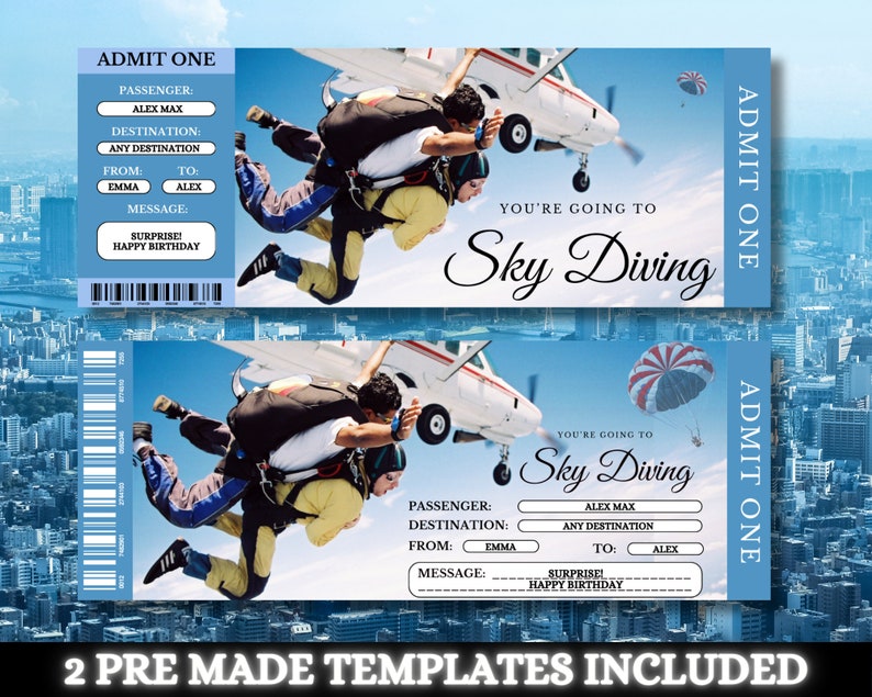 Editable SKYDIVING Surprise Reveal Ticket, Gift Voucher, Editable Event ...