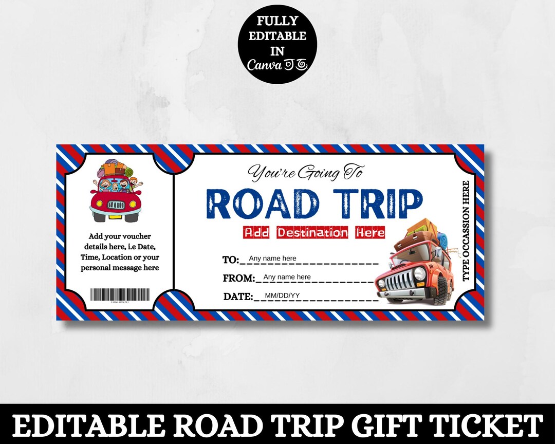 Road Trip Gift Ticket EDITABLE, Surprise Weekend Away Trip Voucher ...