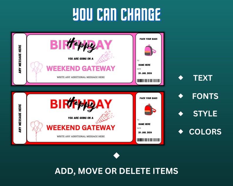 Editable Weekend Getaway Voucher Template, Surprise Trip Gift Ticket ...