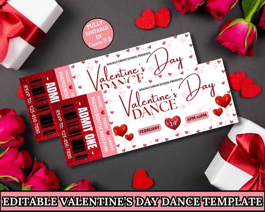 Editable Valentine's Day Dance Ticket Template, Valentines School Dance ...