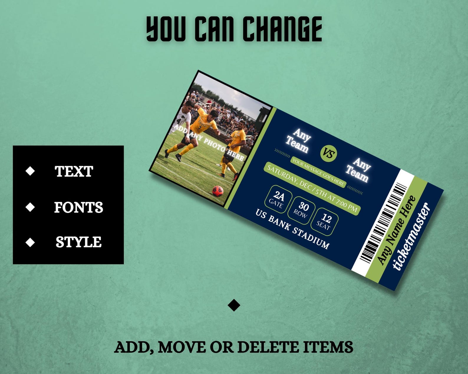 Editable Football Ticket, Soccer Tickets, Surprise Gift, Editable ...