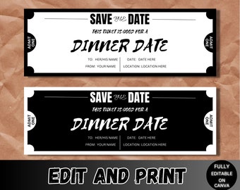 Dinner Date Gift Voucher EDITABLE, Dinner Reservation Ticket, Dinner ...