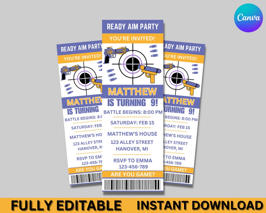 Nerf Birthday Party Invitation Printable Template, Editable Birthday ...