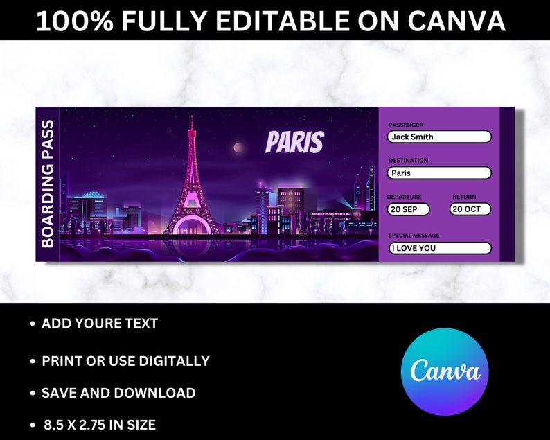 Editable Boarding Pass Template, Printable Airline Ticket, Canva ...