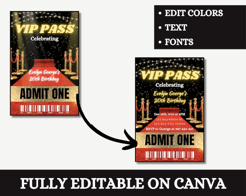 Editable VIP Pass Party Template, Printable Red Carpet VIP Pass ...