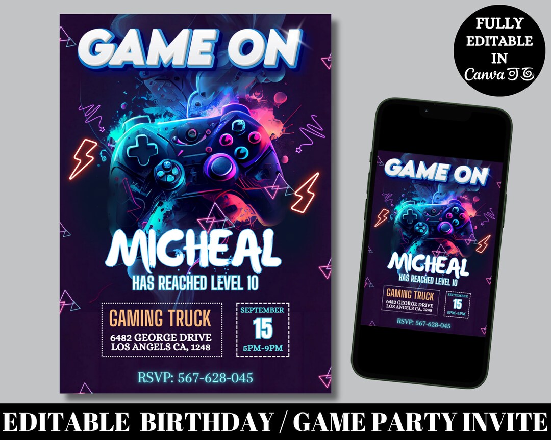 Video Game Birthday Invitation Template, Video Game Invitation, Neon ...
