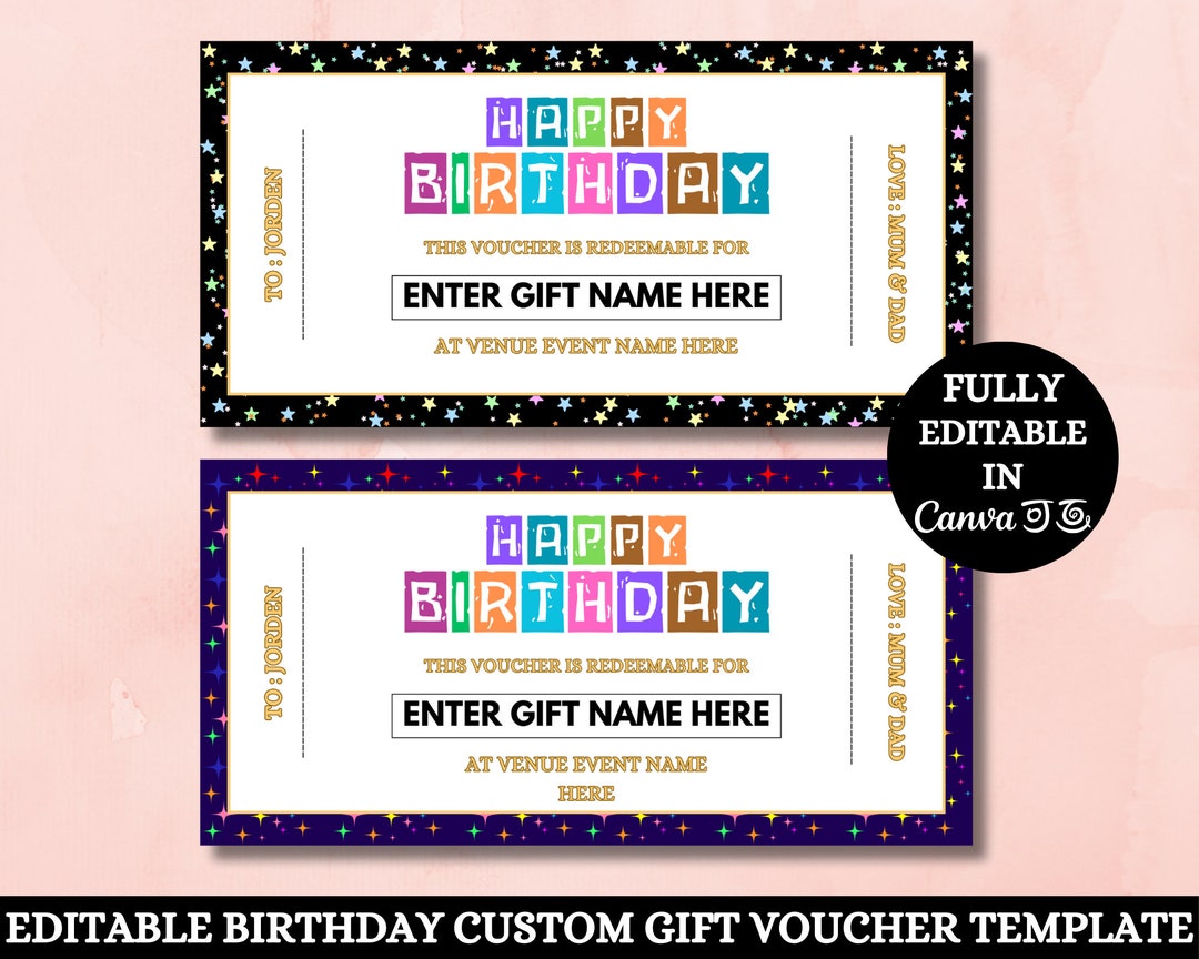 Happy Birthday Custom Gift Voucher Template, Printable Birthday Gift ...