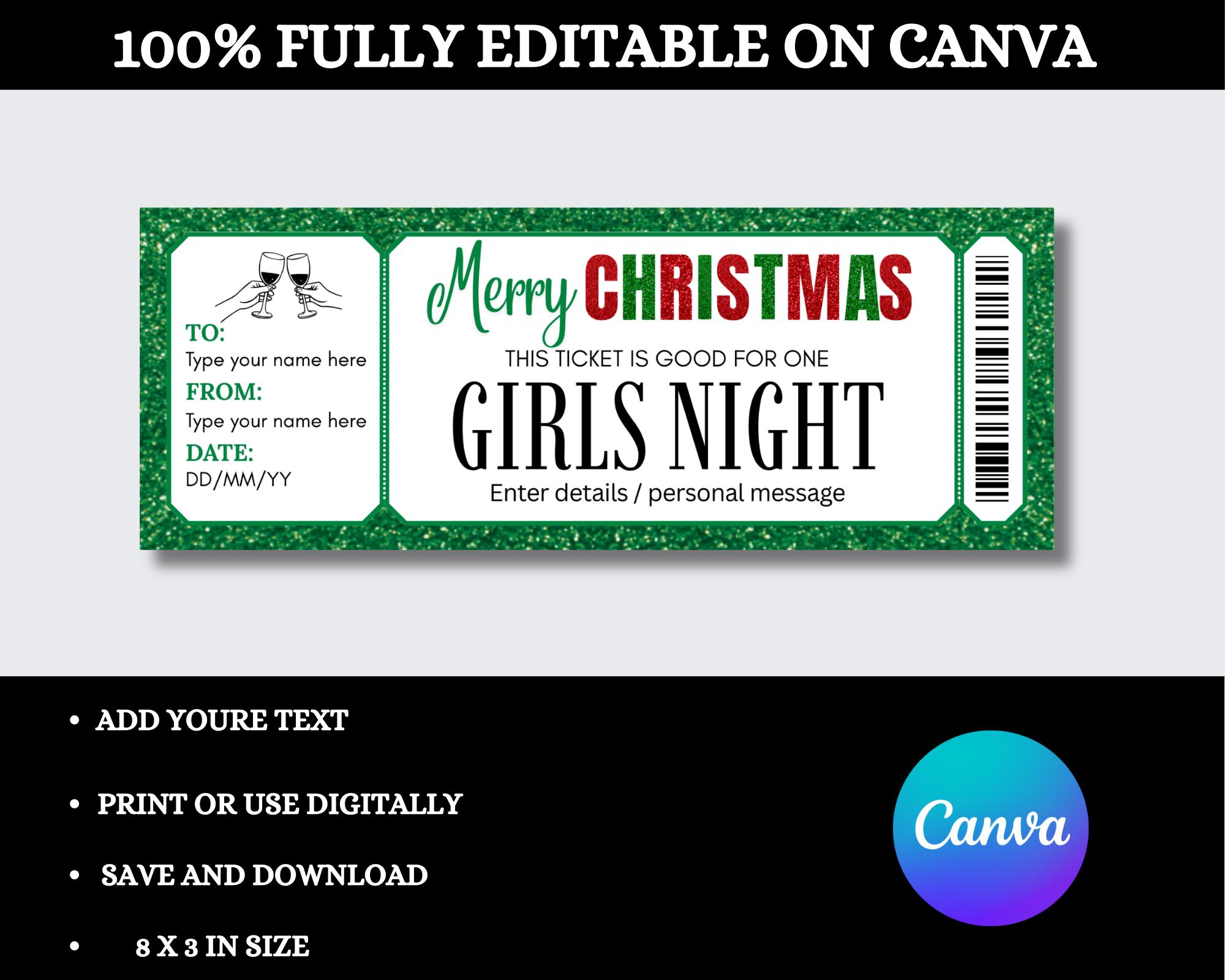 Christmas Girls Night Ticket Template, Custom Girls Weekend Ticket ...
