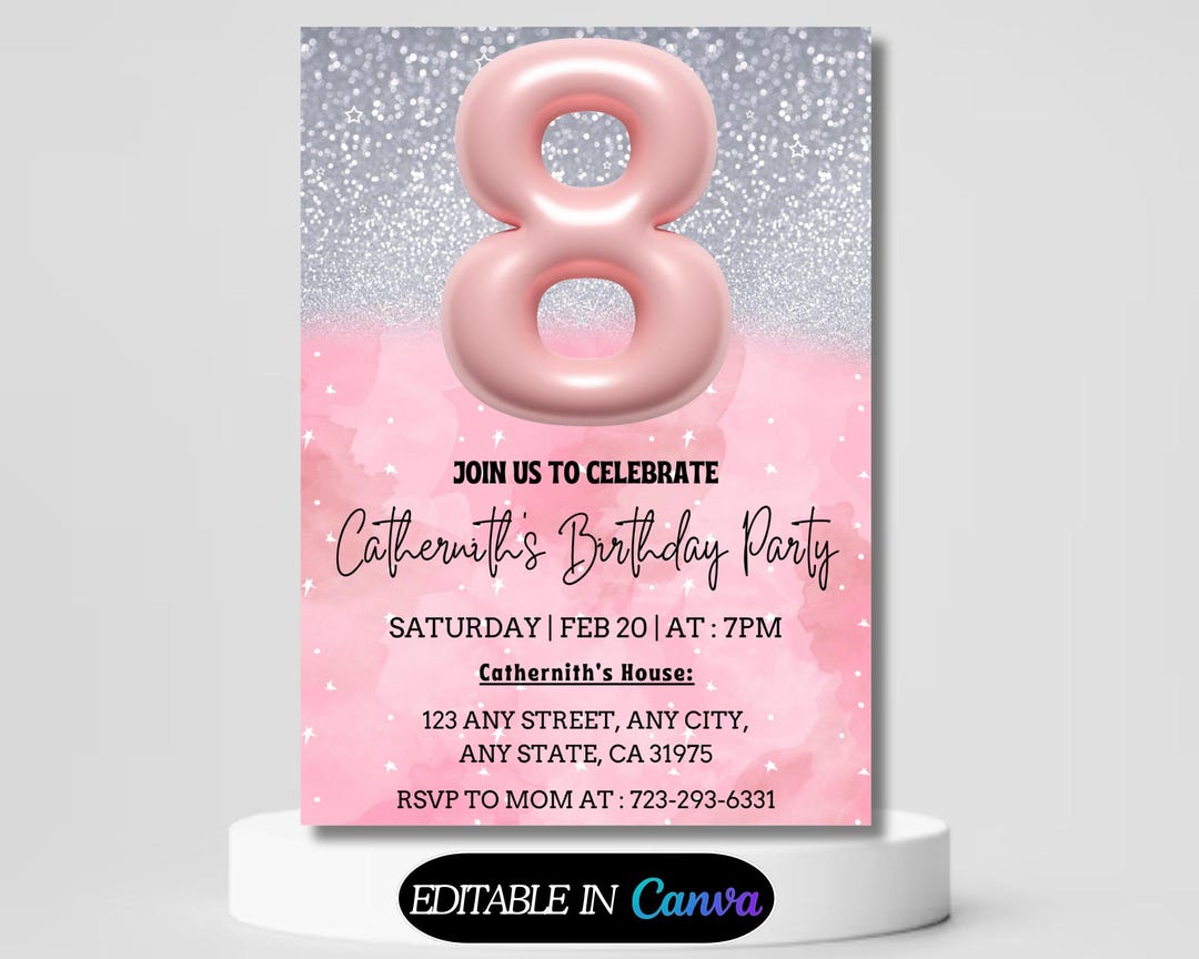 Editable Pink 8th Birthday Invitation Foil Girl Eighth Birthday ...