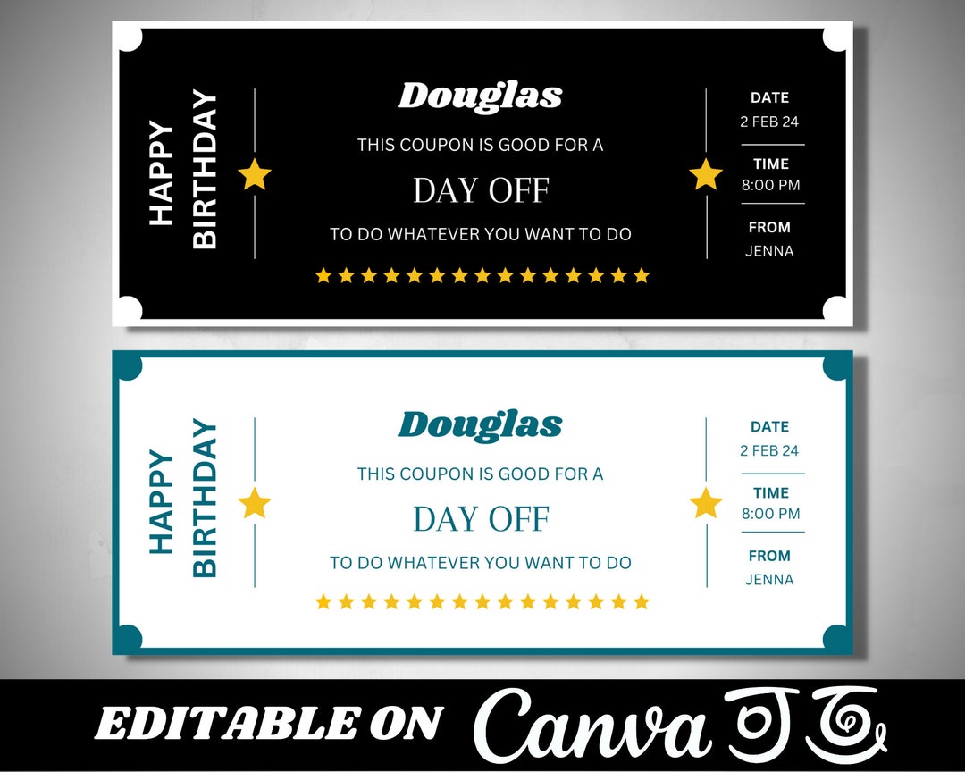 Birthday Day off Coupon Gift Certificate - INSTANT DOWNLOAD - EDITABLE ...