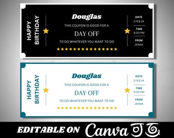 Day off Coupon Certificate INSTANT DOWNLOAD EDITABLE Text Printable ...